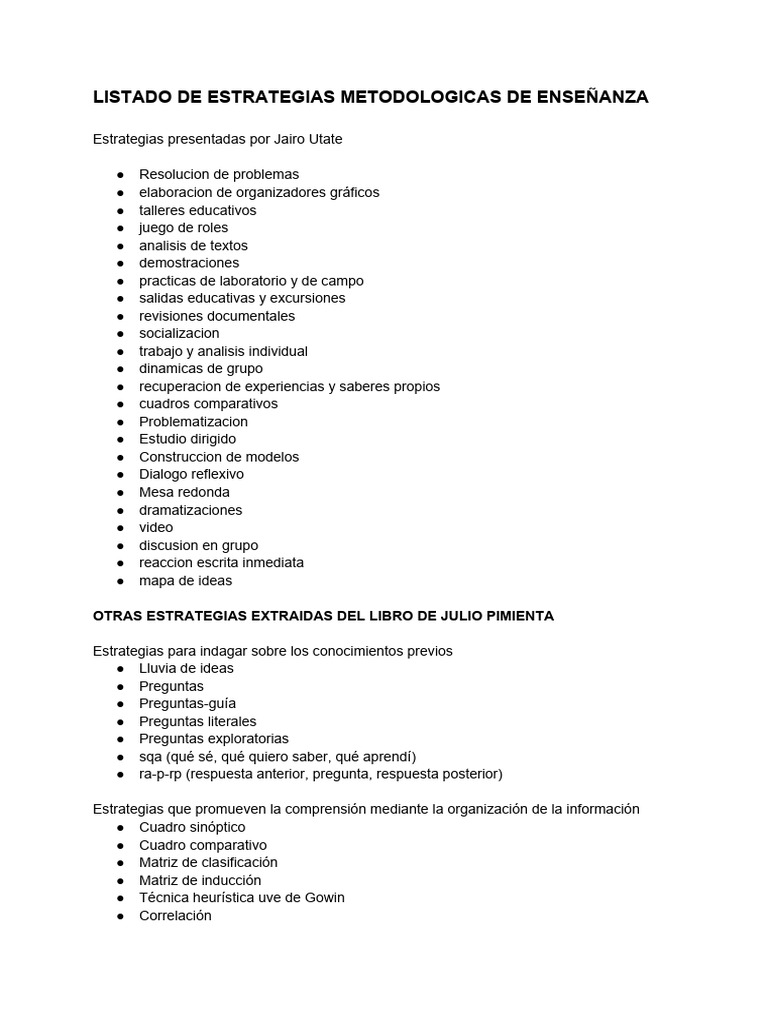 Listado de Estrategias Metodologicas de Enseñanza | PDF | Evaluación | Science