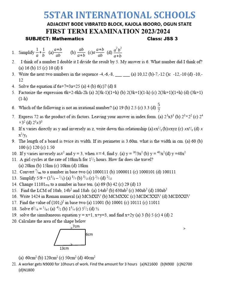 Secondary Maths First Term | PDF | Percentage | Odds