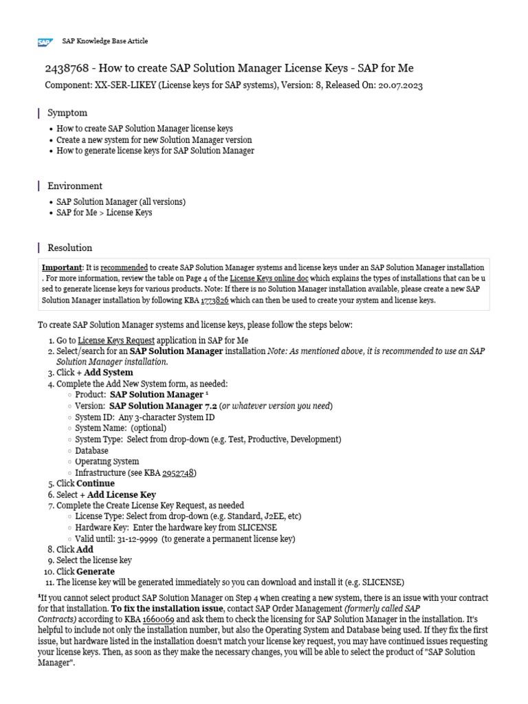 Note 2438768 - How To Create SAP Solution Manager License Keys - SAP For Me | PDF | Data ...