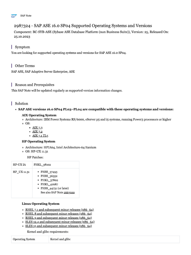 Note 2987324 - SAP ASE 16.0 SP04 Supported Operating Systems and ...