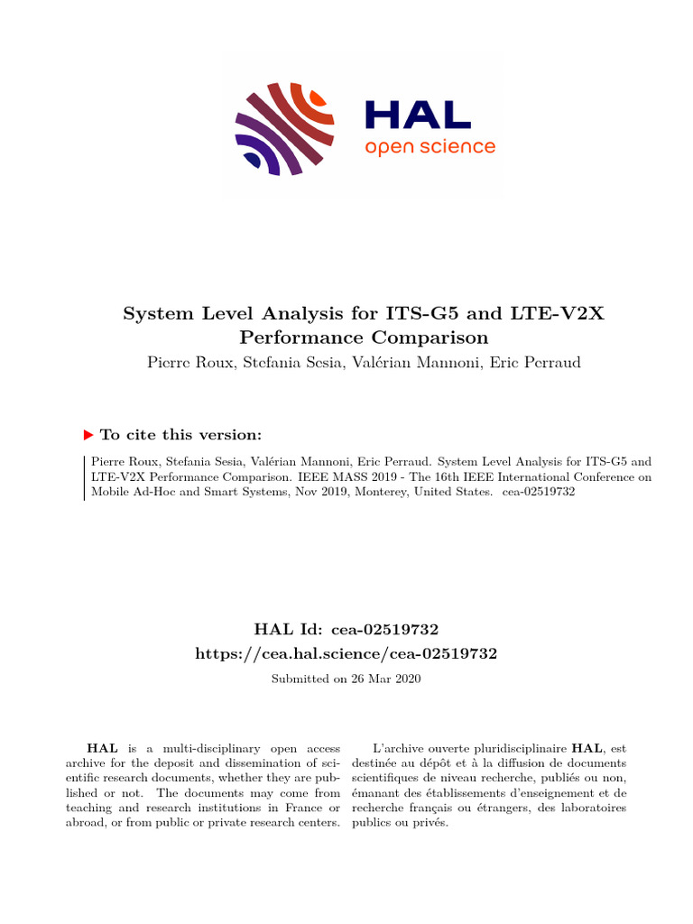 System Level Analysis For ITS G5 and LTE V2X Performance Comparison | PDF | Ieee 802.11 ...