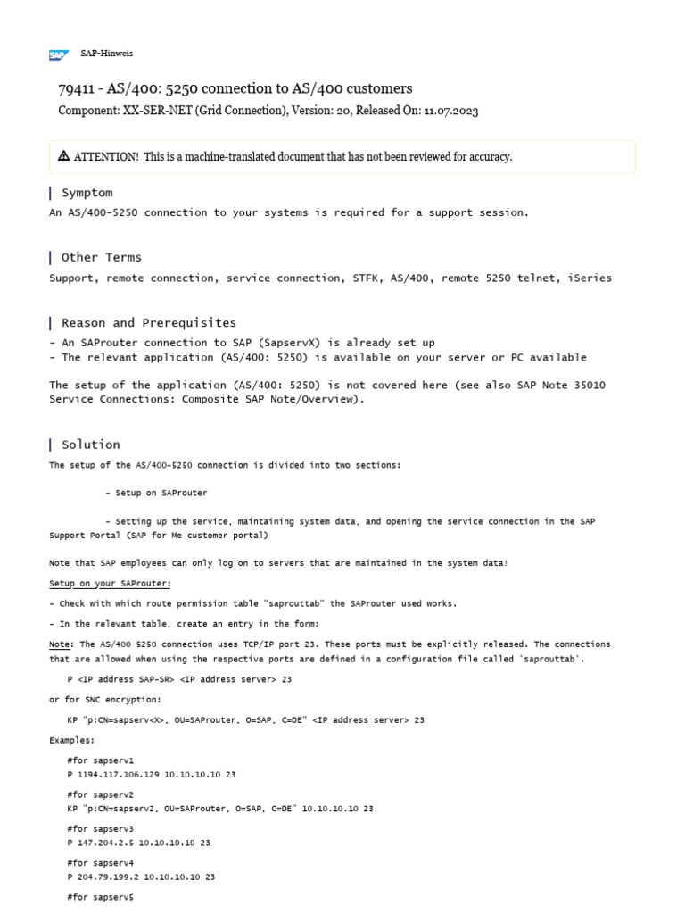 Note 79411 - AS400 - 5250 Connection To AS400 Customers | PDF | Port (Computer Networking ...
