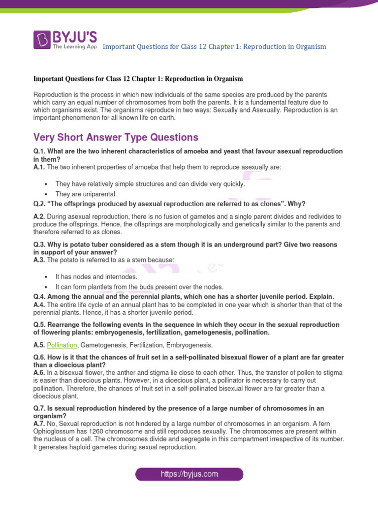Important Questions Dec5 For Class 12 Chapter 1 Reproduction in ...