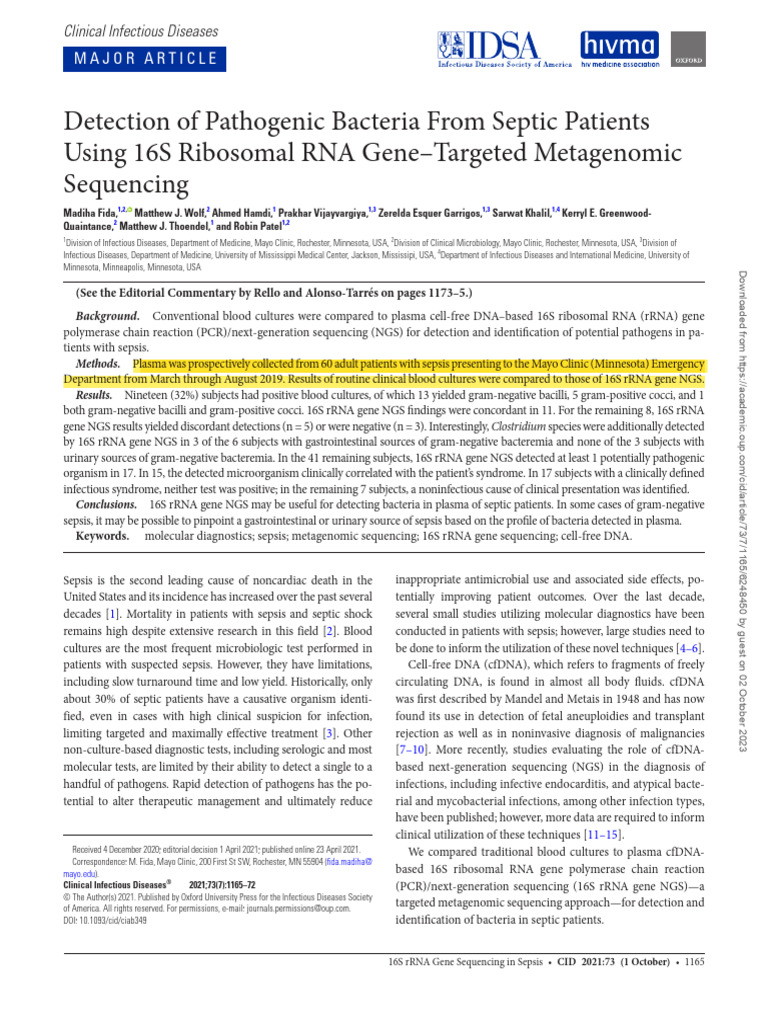 Detection Of Pathogenic Bacteria From Septic Patients Using 16s