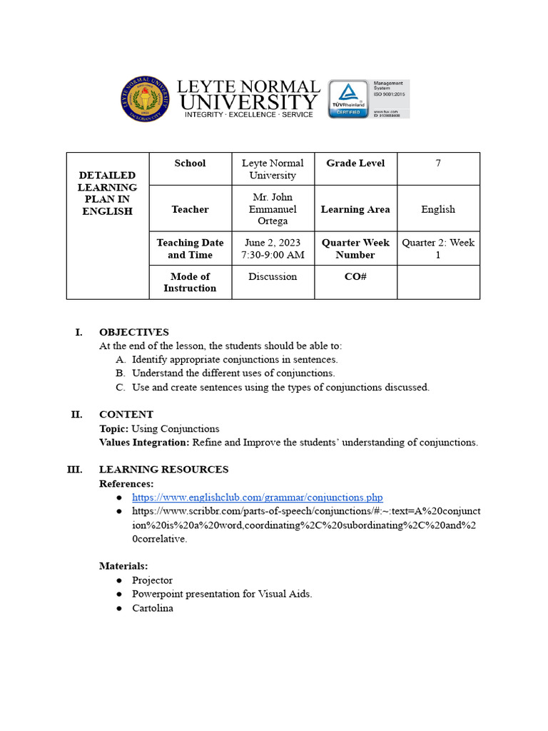 Ortega Learning Plan in English SE12 | PDF | Syntax | Linguistics