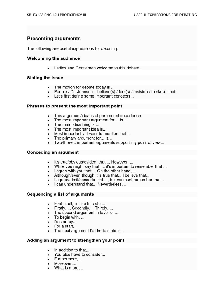 Useful Expressions For Debating | PDF | Language Arts & Discipline ...