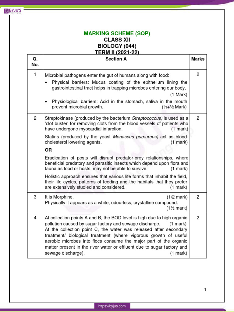 Class XII Biology Term II Marking Scheme | PDF | Biochemistry | Chemistry