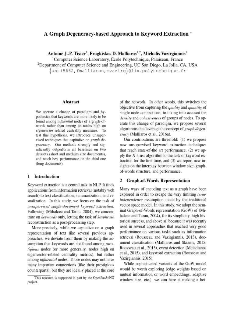A Graph Degeneracy-Based Approach To Keyword Extraction: This Research Is Supported in Part by ...