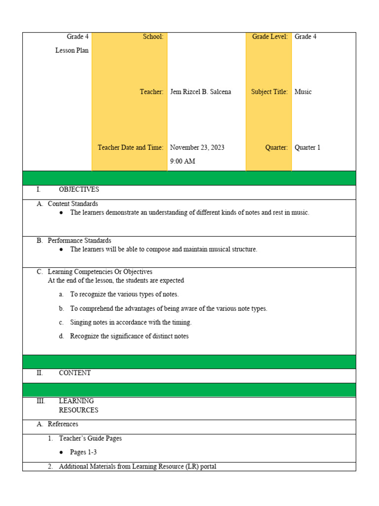 Music Detailed Lesson Plan | PDF | Lesson Plan | Learning