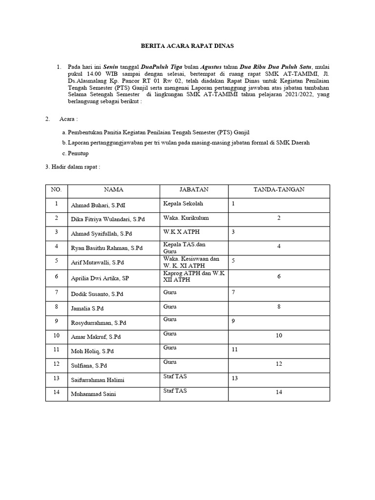 Berita Acara Rapat Dinas 1 | PDF