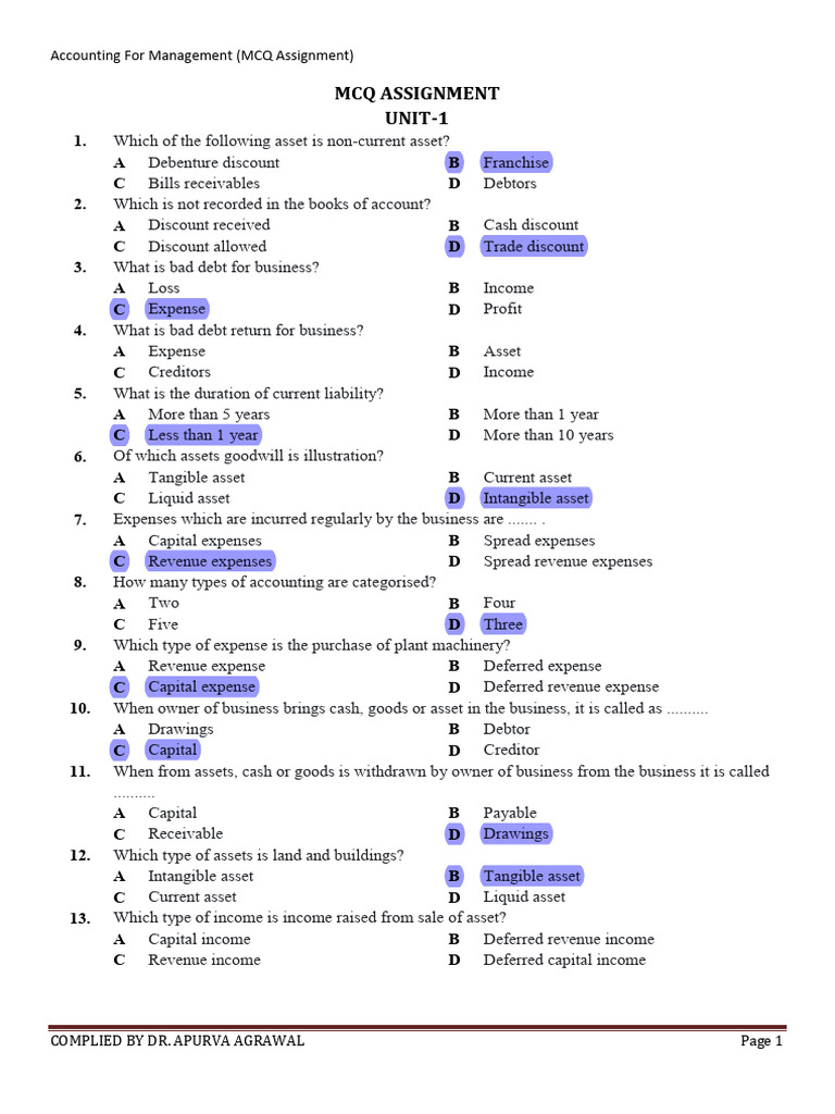 Sem 1 Accounting For Management MCQ Assignment | PDF | Debits And Credits | Expense