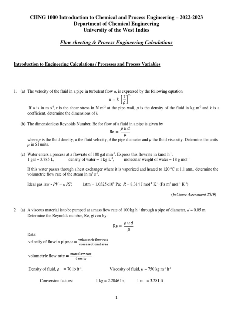 Flow Sheeting Process Engineering Calculations Assignment 2022 | PDF | Viscosity | Density