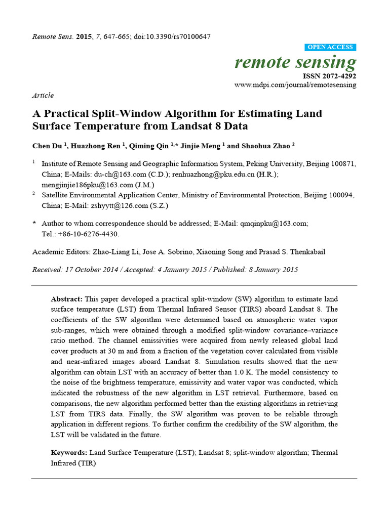 Split Window Algorithm Landsat 8 LST | PDF | Infrared