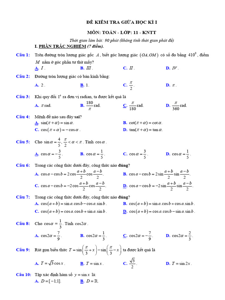 07 de Tham Khao Kiem Tra Giua Hoc Ki 1 Toan 11 Knttvcs | PDF