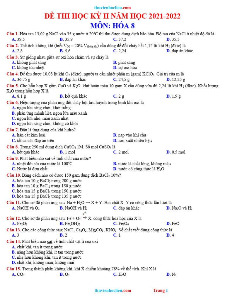 De Thi HK2 Hoa 8 Trac Nghiem | PDF