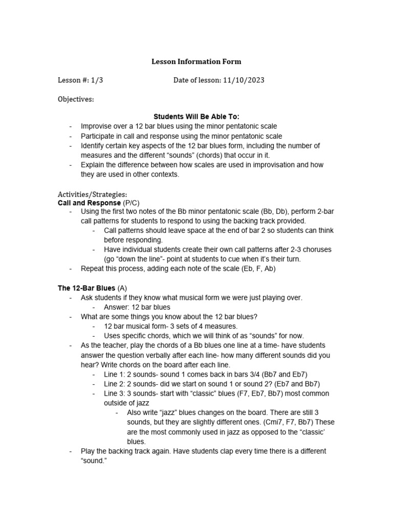 Blues Improvisation Lesson Plan | PDF | Scale (Music) | Chord (Music)