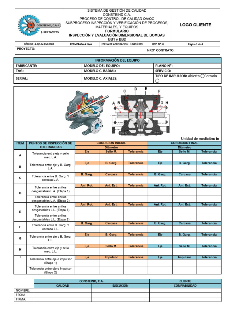 A-qc-IV-fm-0003 Inspección y Evaluación Dimensional de Bombas Bb1 y Bb2 | Descargar gratis PDF ...