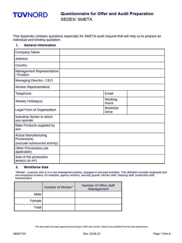 A802F100 Questionnaire For Offer and Audit Preparation SEDEX SMETA ...