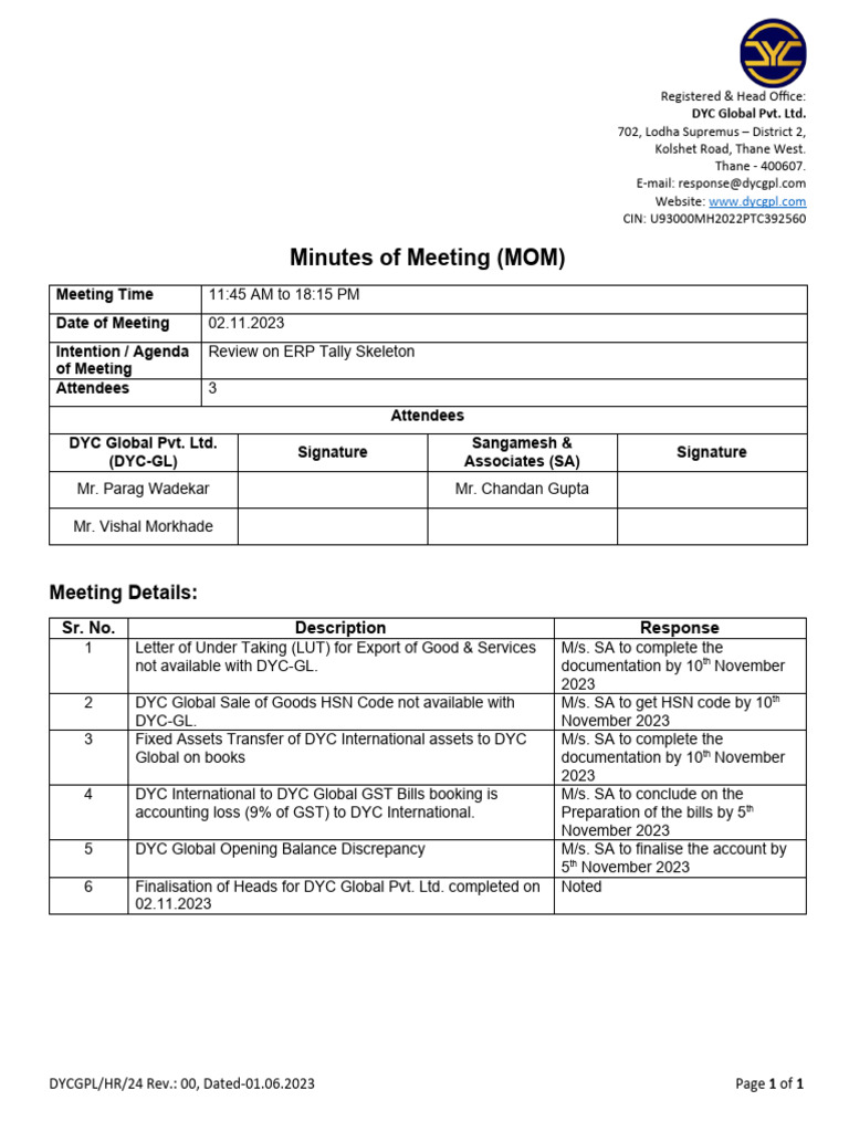 Minutes of Meeting (MOM) | PDF