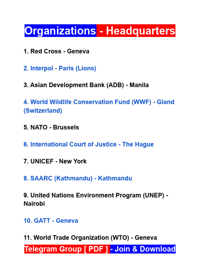 International Organizations and HQs List | PDF