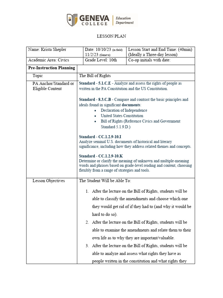 Geneva Lesson Plan Bill of Rights Integrated Lesson Plan | PDF | United ...
