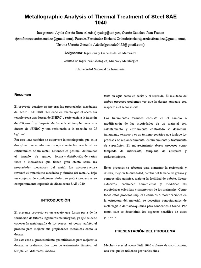 Metallographic Analysis of Thermal Treatment of Steel SAE 1040 | PDF ... Metallographic Analysis of Thermal Treatment of Steel SAE 1040 | PDF ...