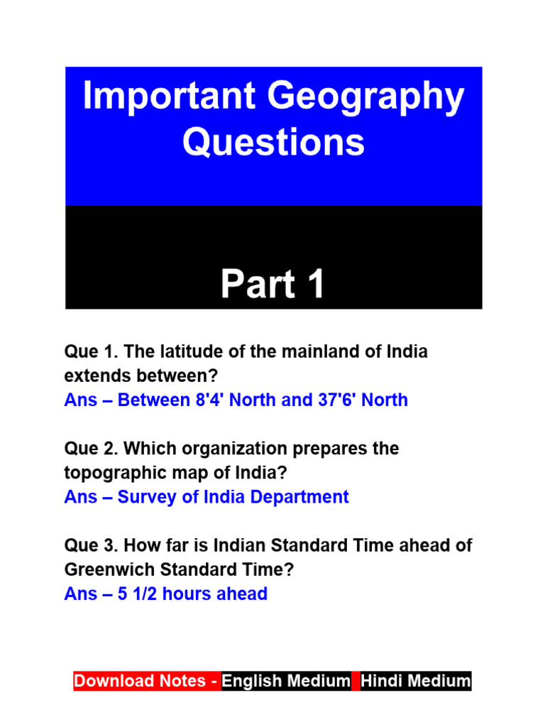 Geography One Liner Questions Part 1 | PDF