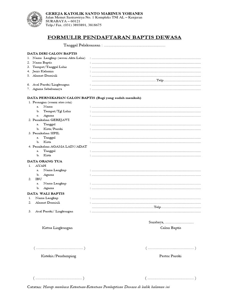 Formulir Pendaftaran Baptis Dewasa | PDF