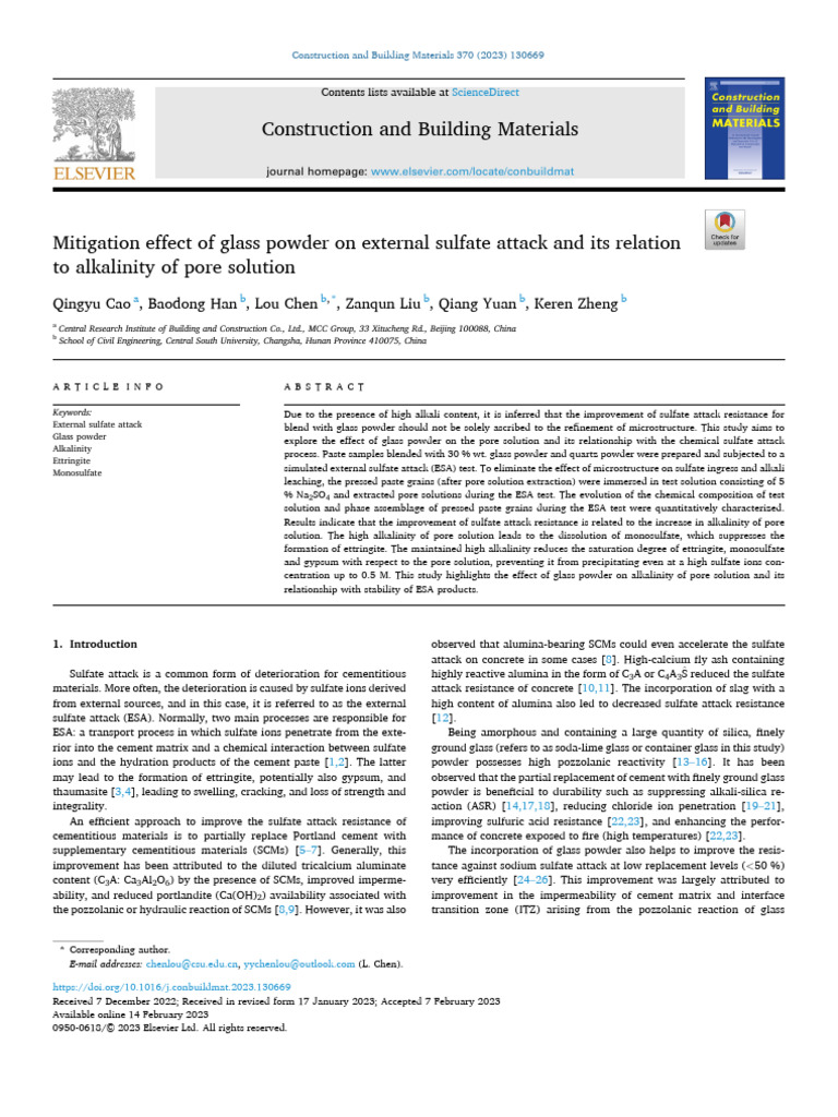 Mitigation Effect of Glass Powder On External Sulfate - 2023 ...