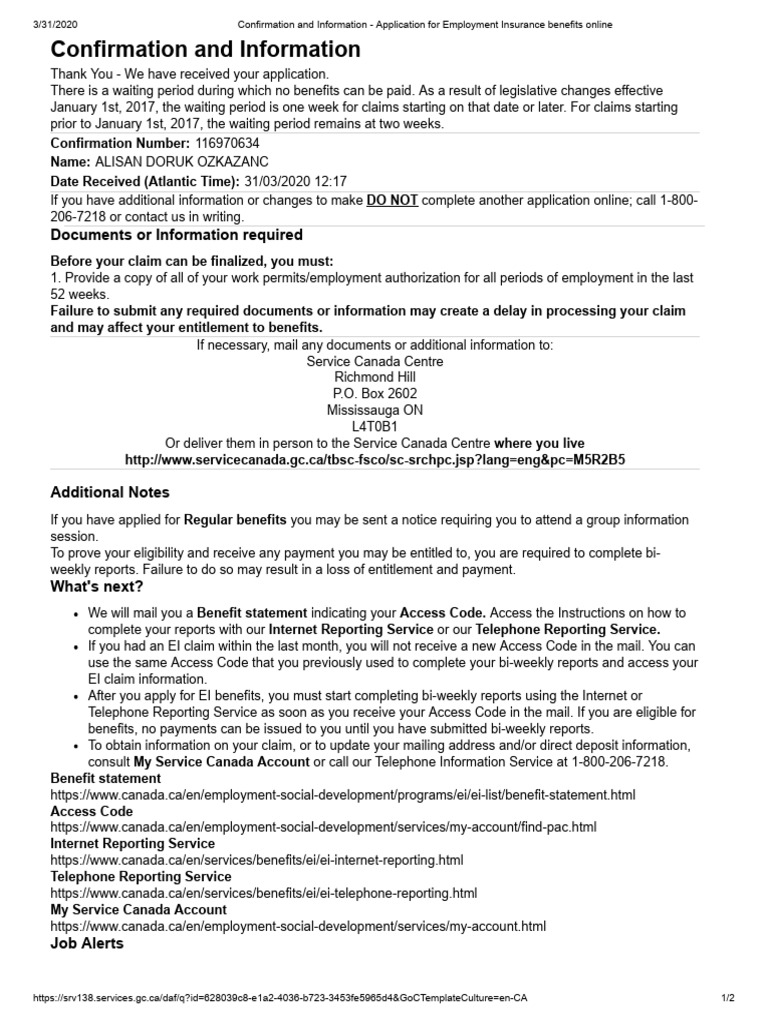Confirmation and Information - Application For Employment Insurance ...