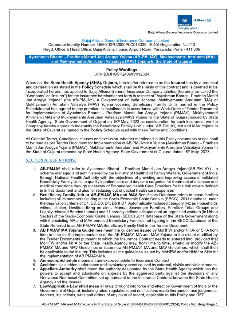 Policy Wording AB PM JAY MA Gujarat 11-07-2023 | PDF | Medicine | Hospital