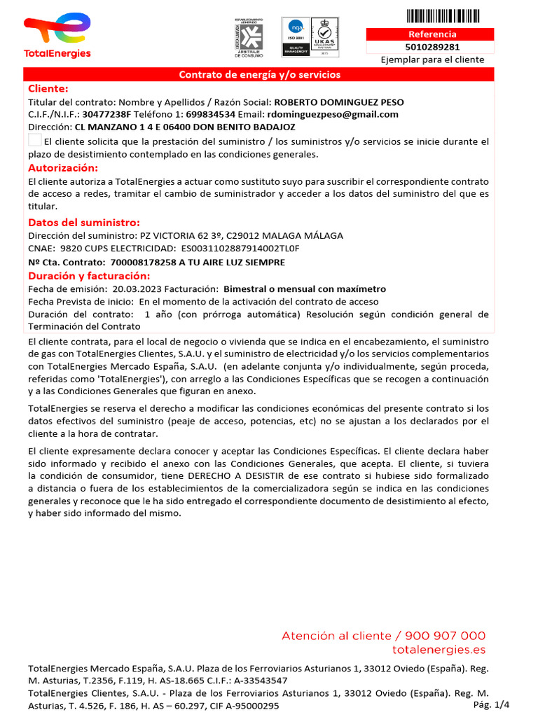 Contrato Luz C Victoria | PDF | Calidad (comercial) | Factura