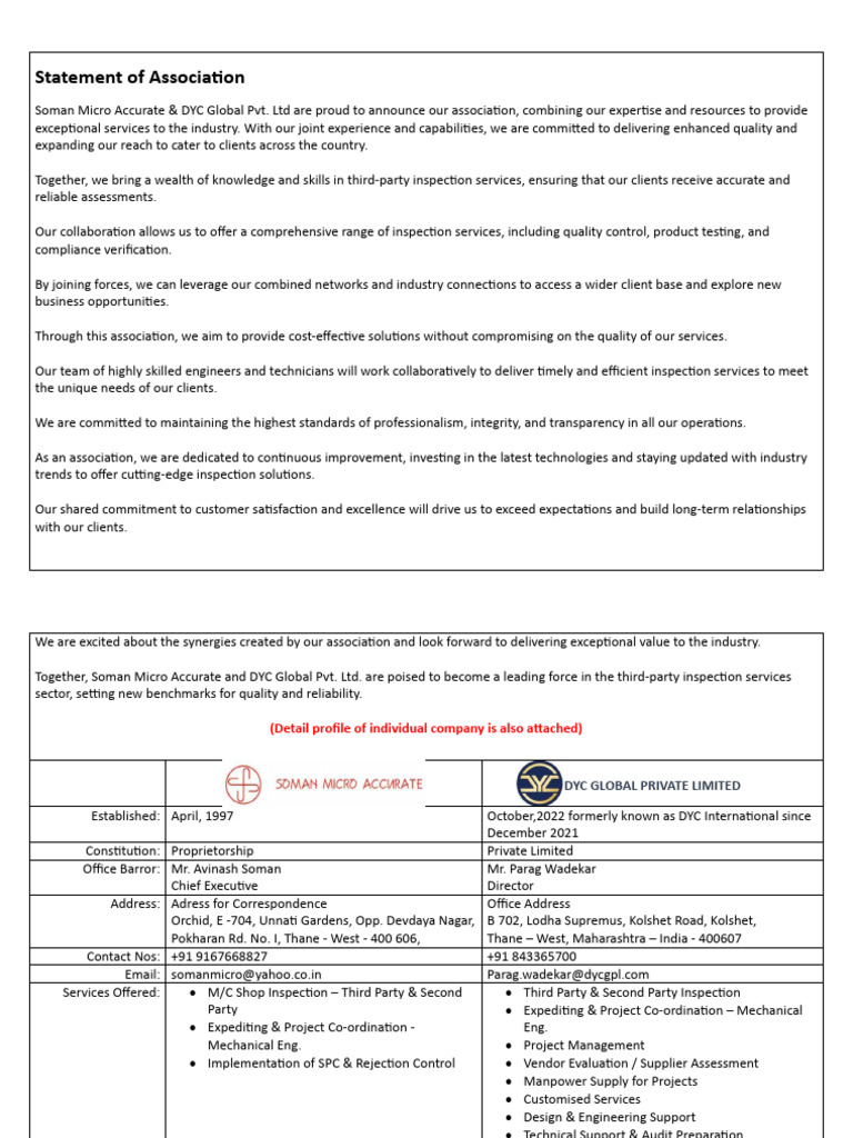 Statement of Association - DYC and MR Avinash Soman | PDF | Reliability Engineering