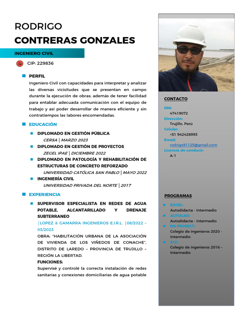 CV No Documentado Rodrigo Contreras | PDF | Alcantarillado | Agua dulce