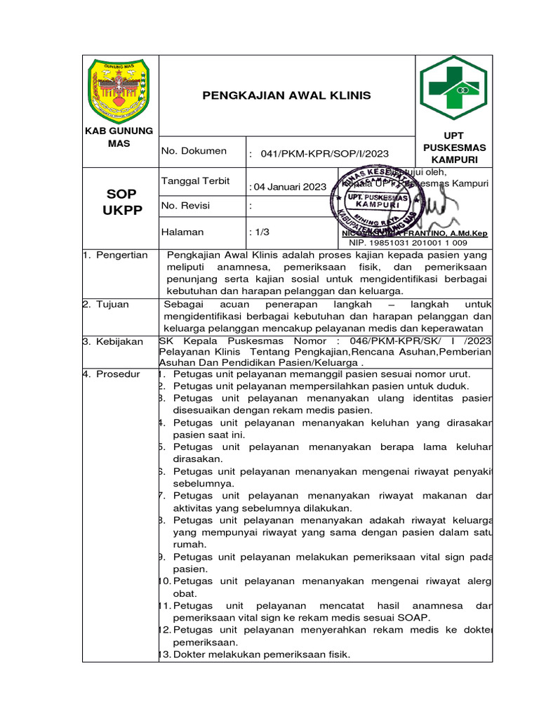 Sop Pengkajian Awal Klinis | PDF