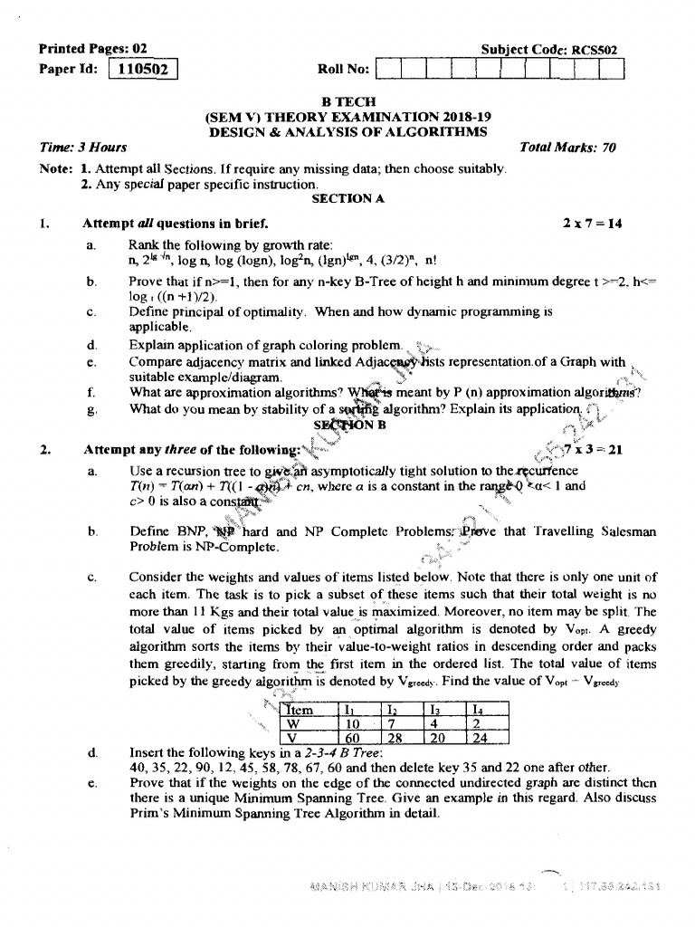 Design Analysis of Algorithms Rcs 502 | PDF