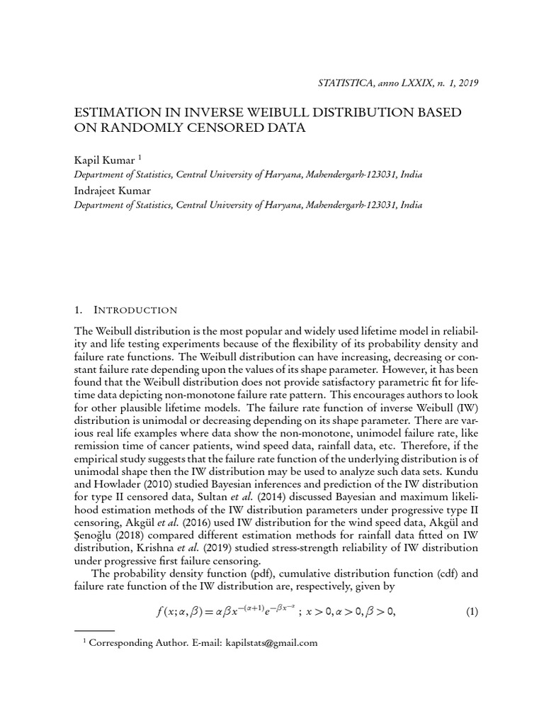 Estimation Inverse Weibull Random Censoring Pdf Variance Estimation Theory
