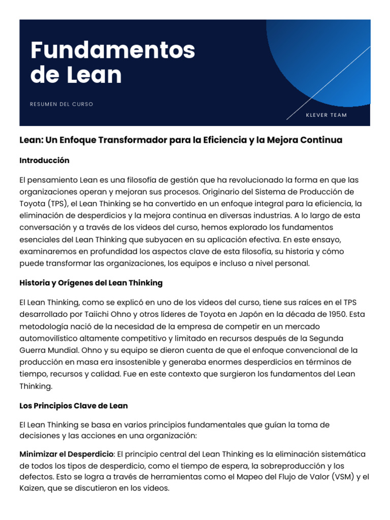 Fundamentos Del Pensamiento Lean Un Enfoque Transformador para La Eficiencia y La Mejora ...