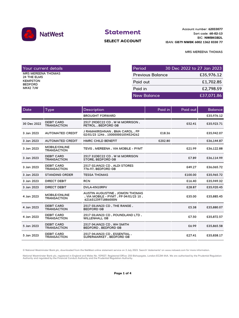 Statement: Your Current Details Period 30 Dec 2022 To 27 Jan 2023 | PDF | Debit Card | Overdraft