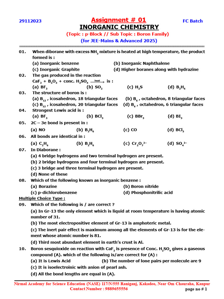 Assignment 01 Boron Family | PDF | Chemistry | Physical Sciences