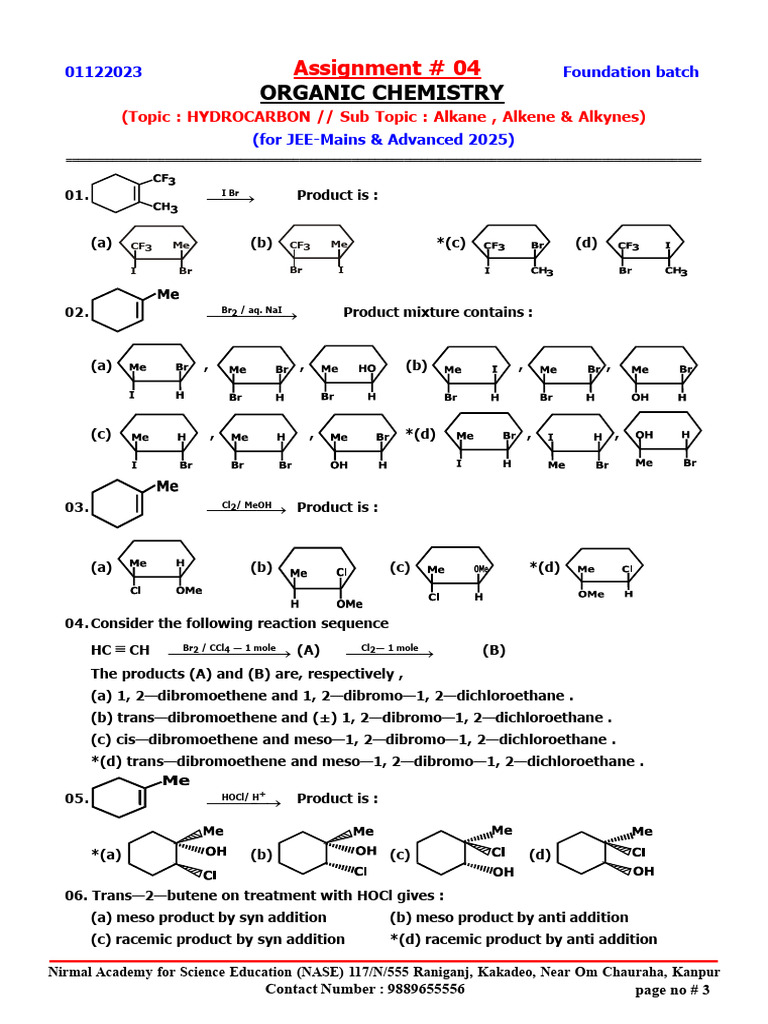 Answer Assignment-04 On Hydrocarbon (Alkane, Alkene & Alkynes) | PDF ...