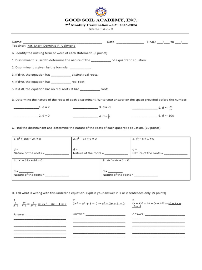 2nd Monthly Exam S.Y. 2023 2024 Math 9 | PDF | Number Theory ...