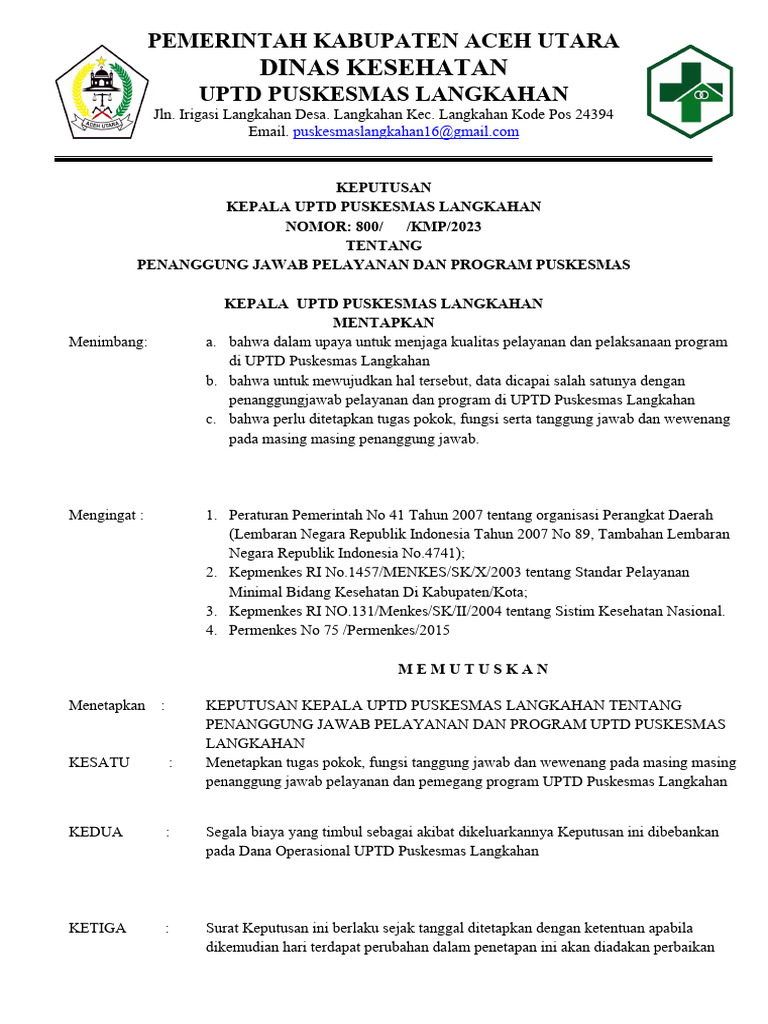 SK Penanggung Jawab Pelayanan Dan Program Puskesmas | PDF