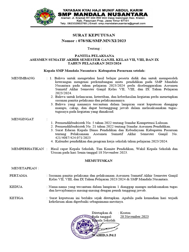 SK Panitia Ujian Sekolah SMP | PDF