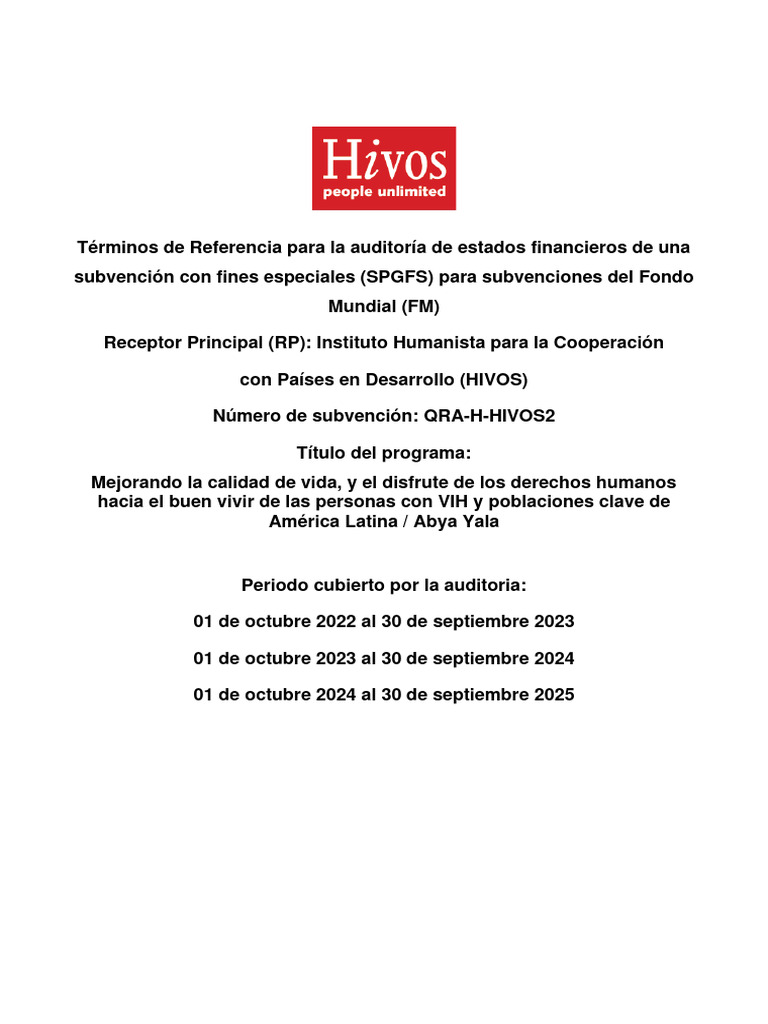 ToR Audit For SPGFS - QRA H HIVOS2 - FASE II - Final | PDF | America ...