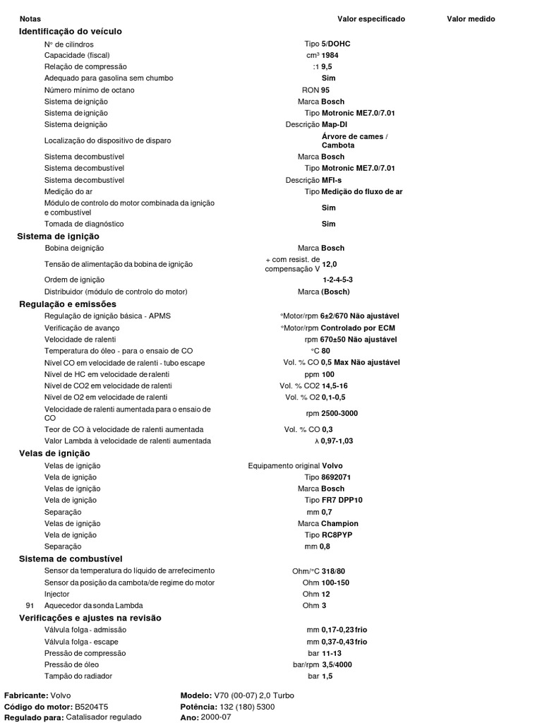 Dados Tecnico Volvo Motor 2.0 Turbo (B5204T5) | PDF | Motores | Freio
