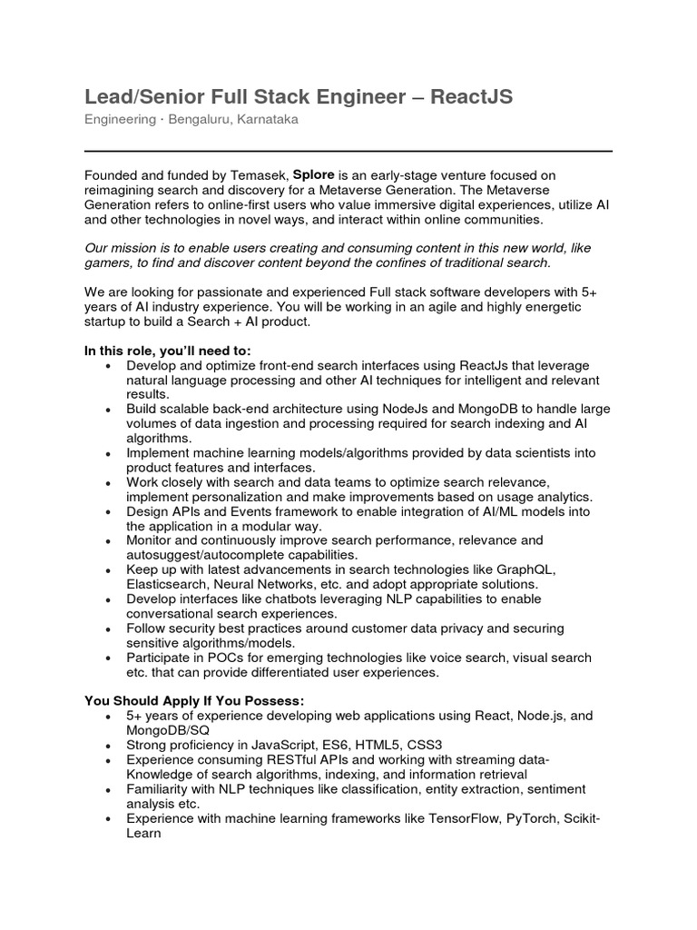 Full Stack Engineer - Splore | PDF | Artificial Intelligence ...