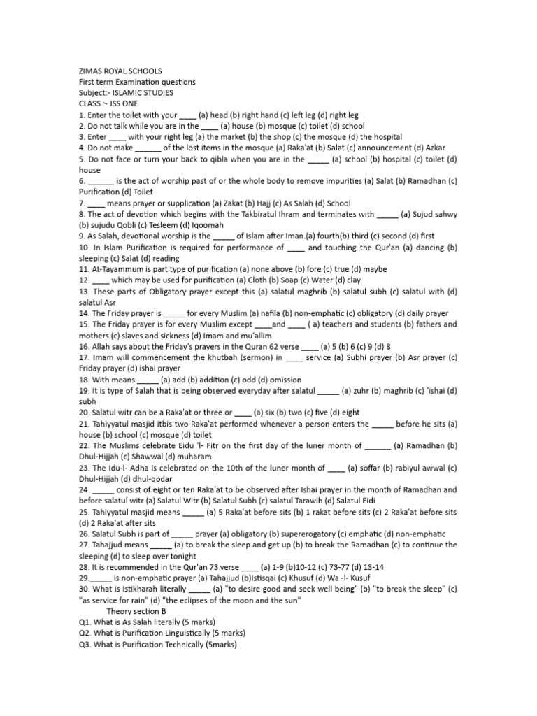 JSS1 Islamic Studies Exam Questions | PDF | Religious Faiths | Monotheism