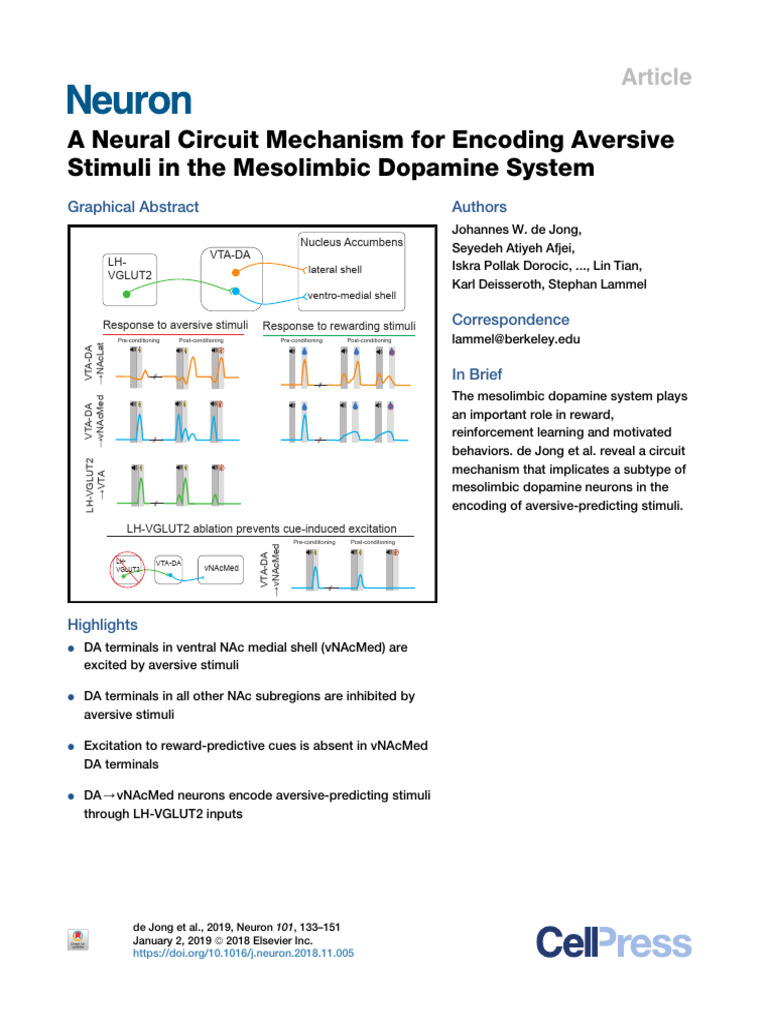 A Neural Circuit Mechanism For Encoding Aversive | PDF | Reward System | Neuroscience