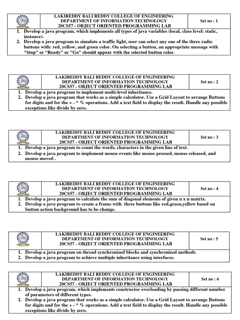 20CS57 JavaLab Internal Sets 23 24 | PDF | Programming | Computer Program